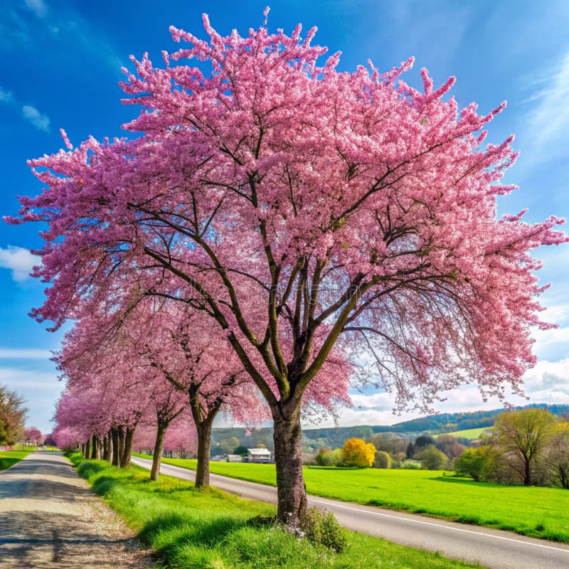 Spring Cherry Tree Roadside Trees Stock Illustration - Illustration of ...