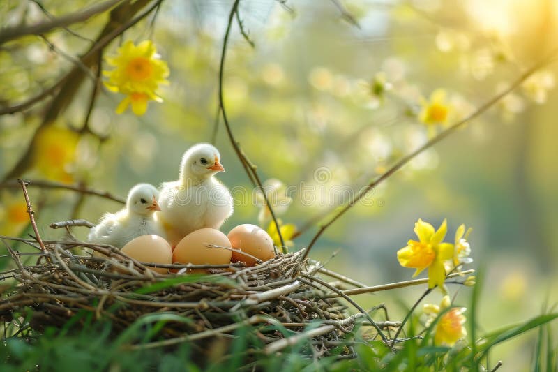 Spring Chickens are Hatching Eggs in the Nest,outside World is in a ...