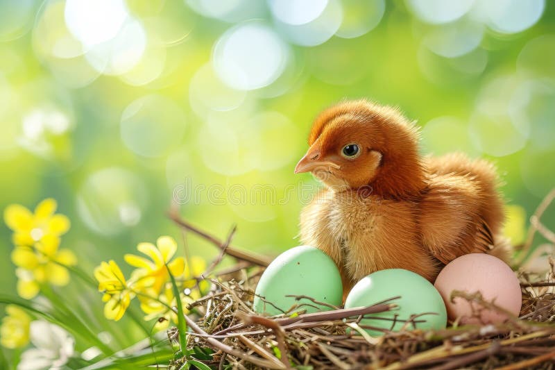 Spring Chickens are Hatching Eggs in the Nest,outside World is in a ...