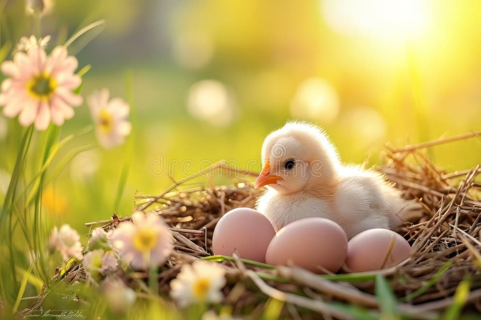 Spring Chickens are Hatching Eggs in the Nest,outside World is in a ...