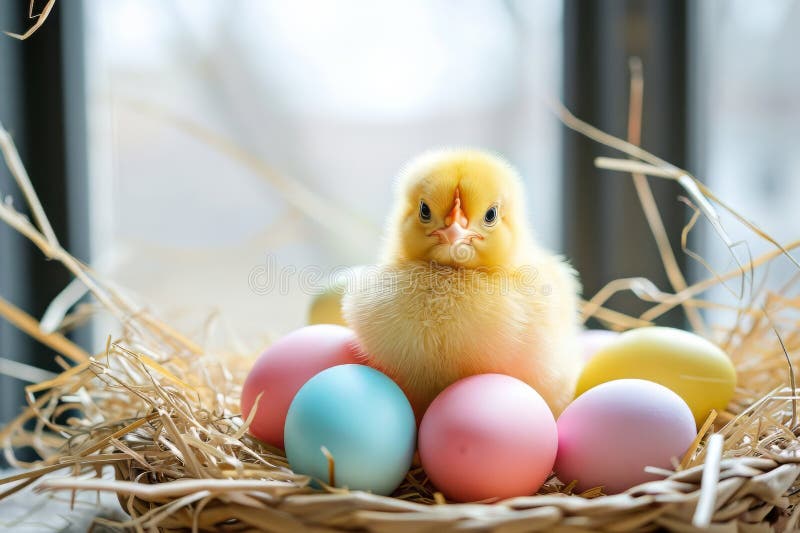 Spring Chickens are Hatching Eggs in the Nest,outside World is in a ...