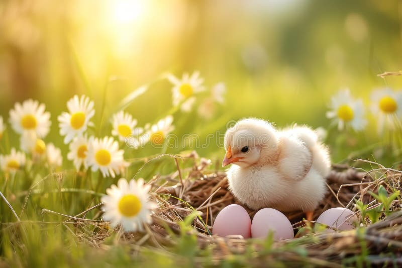 Spring Chickens are Hatching Eggs in the Nest,outside World is in a ...