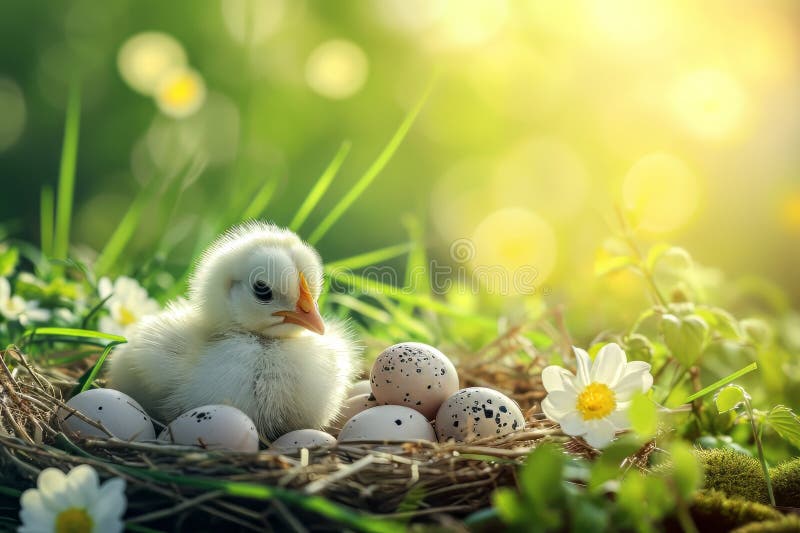 Spring Chickens are Hatching Eggs in the Nest,outside World is in a ...