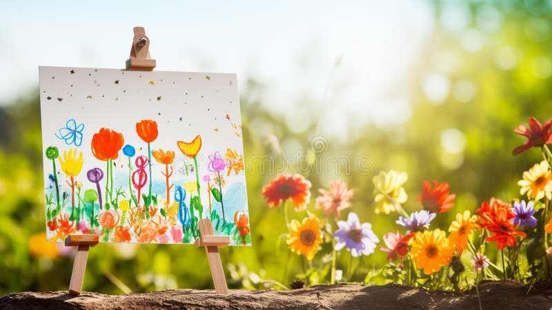 Spring Child Painting on a Easel Stock Image - Image of leaves ...