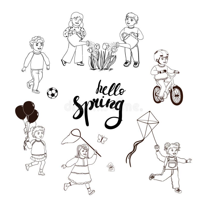 Spring Children Black Outline Illustration Set Stock Vector ...