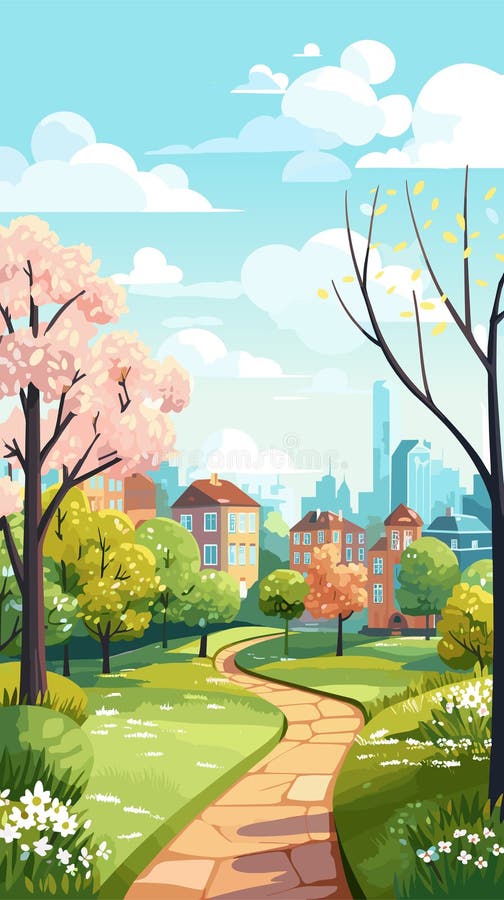 Spring City Sunny Morning, Blossom Trees. Vector Illustration Stock ...