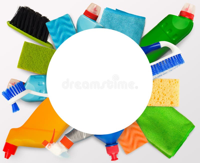 Cleaning Tools Background with White Blank Space for Advertisement in ...