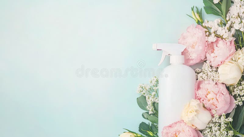 Spring Cleaning Background with White Spray Bottle on Soft Blue Stock ...