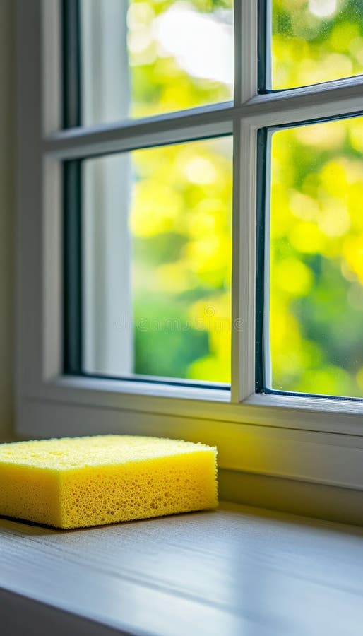 Spring Cleaning Bright Yellow Sponge on Windowsill, Freshly Washed ...