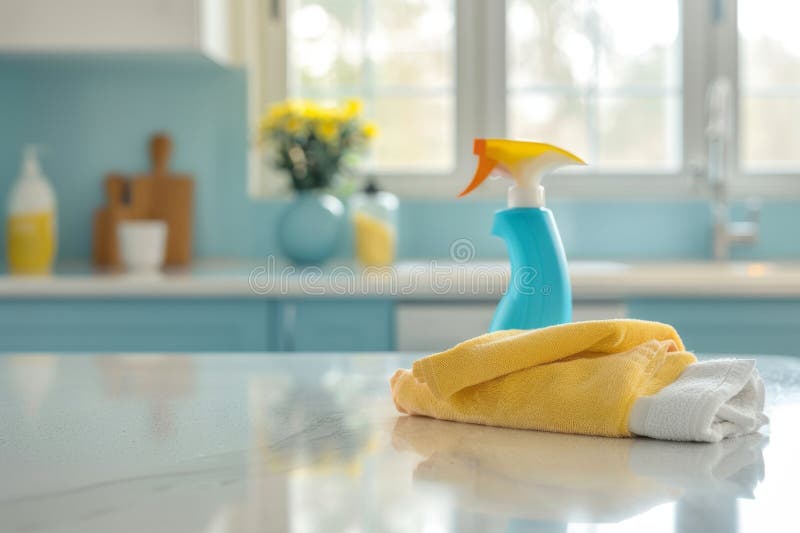 Spring Cleaning Concept with Cleaning Products on the Kitchen Counter ...