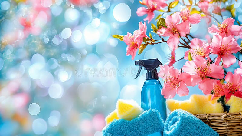 Spring Cleaning Concept with Pink Blossoms and Cleaning Supplies Stock ...
