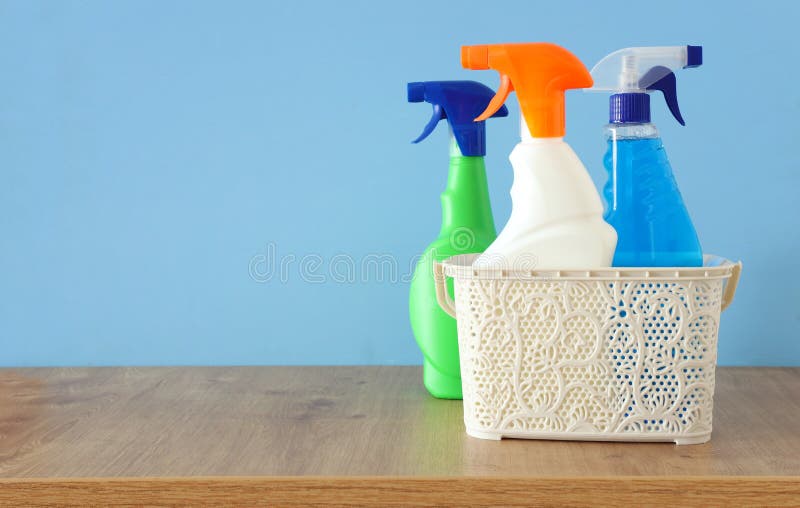 Spring Cleaning Concept with Supplies on Wooden Table Stock Photo ...