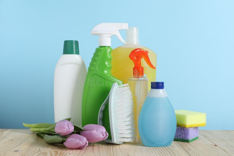 Spring Cleaning. Different Detergents, Tools and Beautiful Flowers on ...