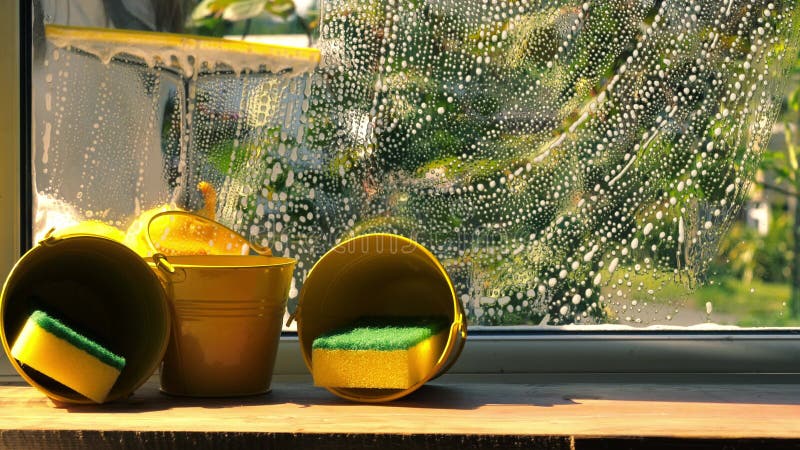 Spring Cleaning Washing Windows with Soapy Suds Stock Footage - Video ...