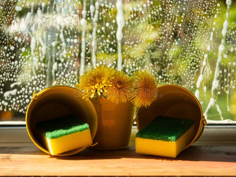 Spring Cleaning Washing Windows with Soapy Suds Stock Photo - Image of ...