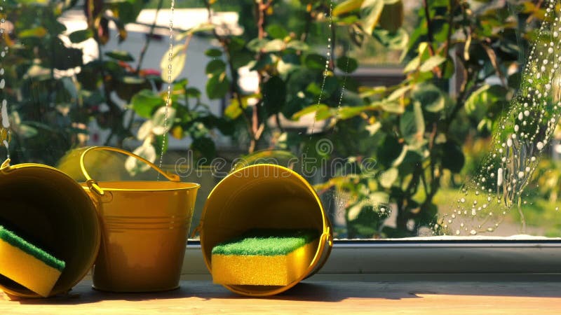 Spring Cleaning Washing Windows with Soapy Suds Stock Video - Video of ...