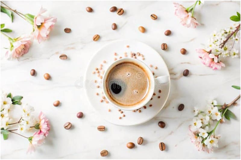 Spring Coffee Cup on Marble, Flowers, Beans Stock Illustration ...