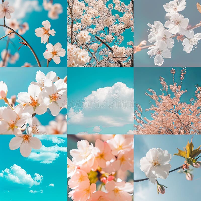 Spring Collage of Cherry Blossoms and Blue Skies Stock Illustration ...