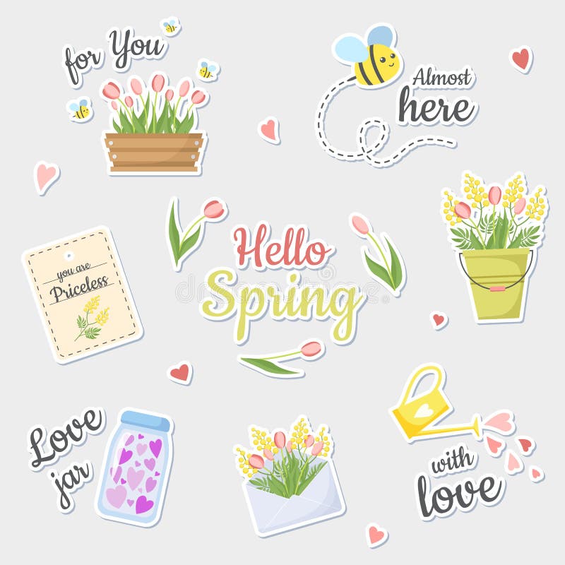 Spring Collection of Stickers with Flowers. Vector Illustration Stock ...