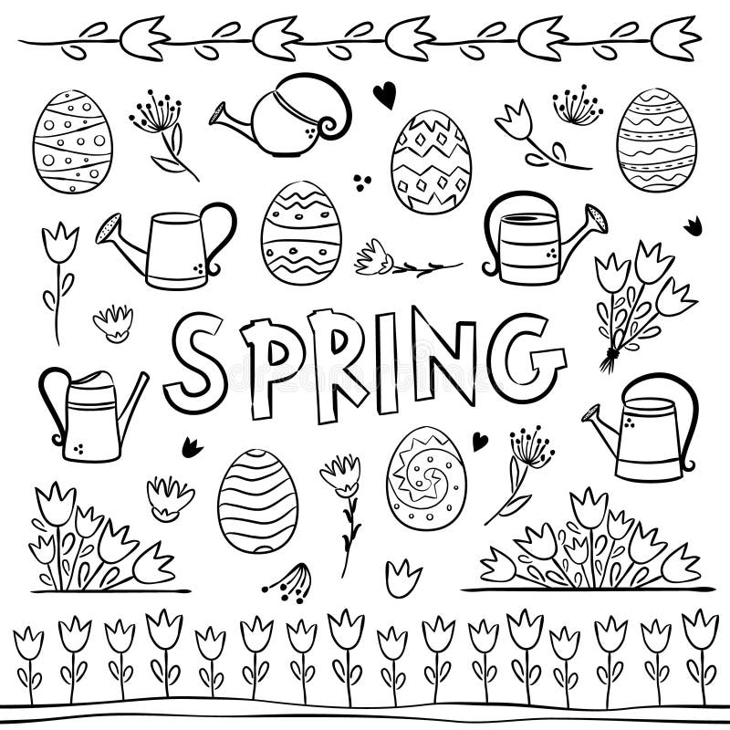 Spring Coloring. Doodle Elements for Seasonal Calendar Stock Vector ...
