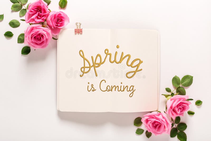 Spring is Coming Message with Roses and Leaves Stock Image - Image of ...