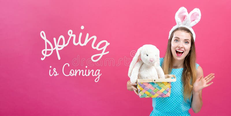 Spring is Coming Message with Woman with Easter Basket Stock Image ...