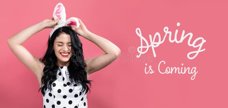 Spring is Coming Message with Woman with Easter Theme Stock Photo ...