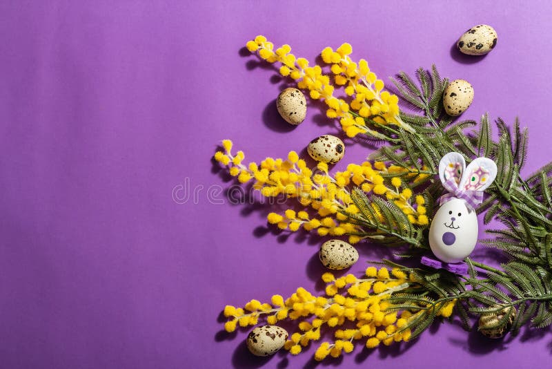 Spring Composition with Flowers, Pastel Eggs and Cute Rabbit on Purple ...