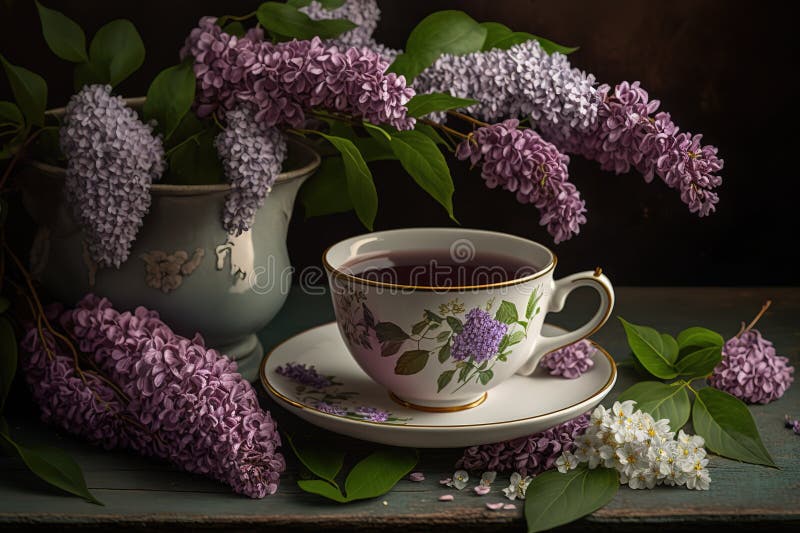 Spring Composition with Lilac and Tea Cup, AI Generated Stock ...
