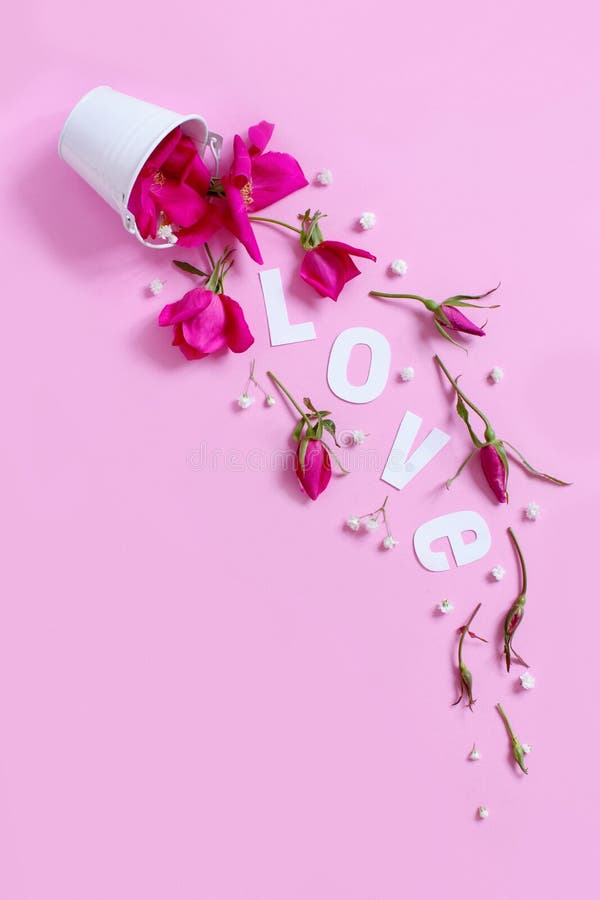 Spring Composition with Pink Flowers and Text LOVE Falling from Bucket ...