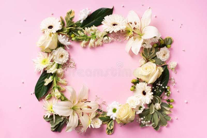 Spring Composition of White Flowers on Pink Paper Background with Copy ...