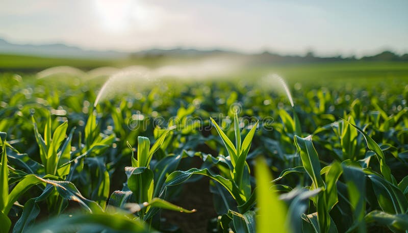 Spring Corn Field with Water Irrigation System and Sprinklers Watering ...