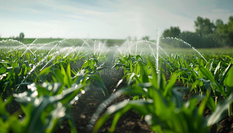 Spring Corn Field with Water Irrigation System and Sprinklers Watering ...