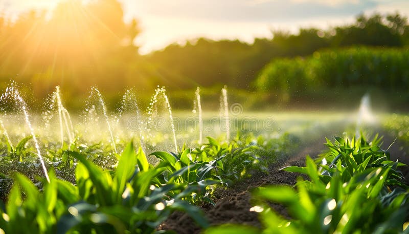 Spring Corn Field with Water Irrigation System and Sprinklers Watering ...
