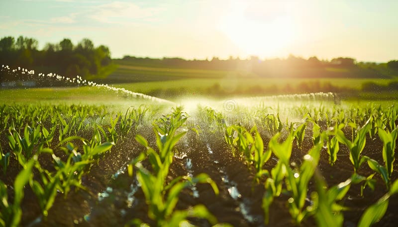 Spring Corn Field with Water Irrigation System and Sprinklers Watering ...