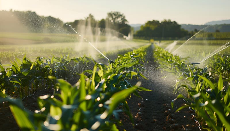 Spring Corn Field with Water Irrigation System and Sprinklers Watering ...
