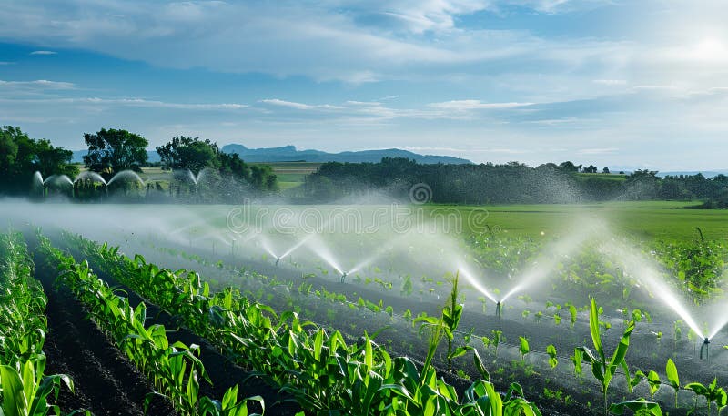 Spring Corn Field with Water Irrigation System and Sprinklers Watering ...