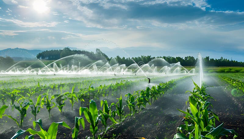 Spring Corn Field with Water Irrigation System and Sprinklers Watering ...