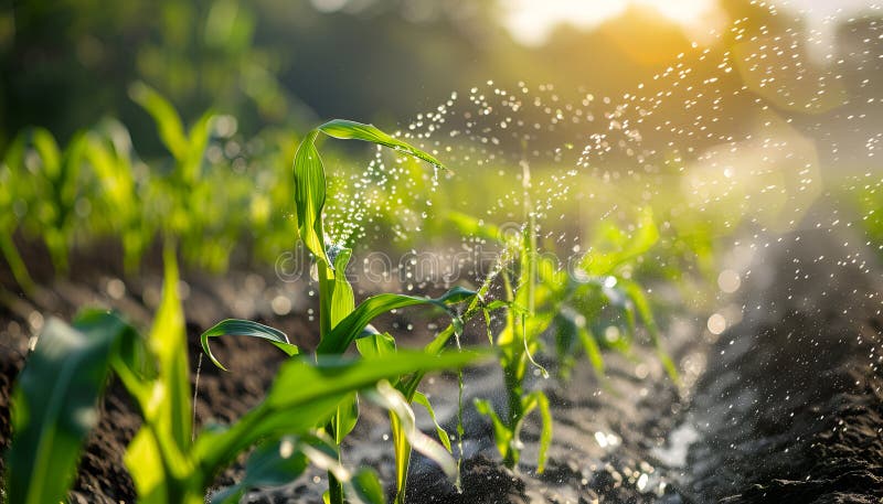 Spring Corn Field with Water Irrigation System and Sprinklers Watering ...