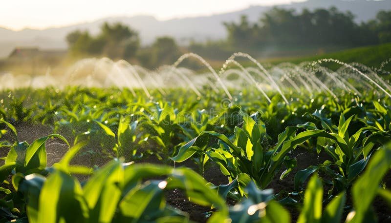 Spring Corn Field with Water Irrigation System and Sprinklers Watering ...