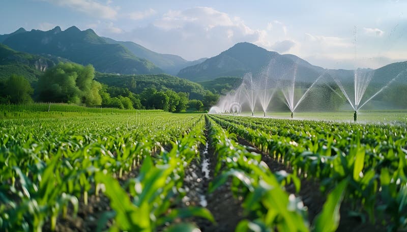 Spring Corn Field with Water Irrigation System and Sprinklers Watering ...