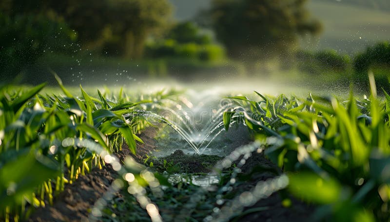 Spring Corn Field with Water Irrigation System and Sprinklers Watering ...
