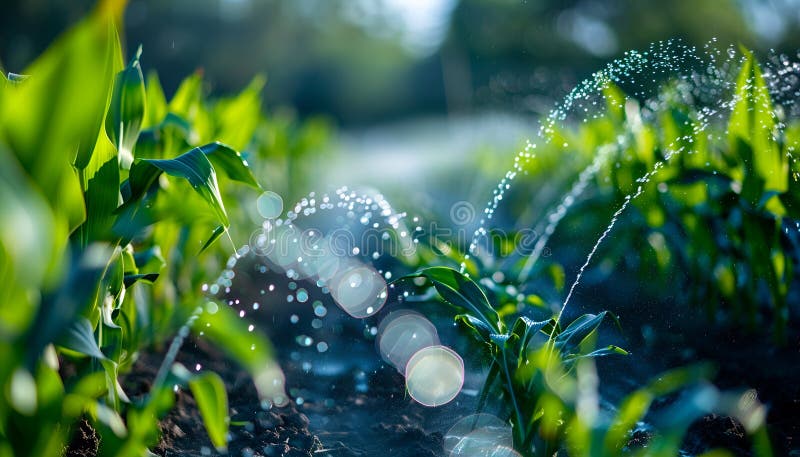 Spring Corn Field with Water Irrigation System and Sprinklers Watering ...
