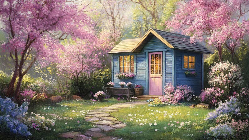 Spring Cottage Garden Path Floral Shed Stock Photo - Image of idyllic ...