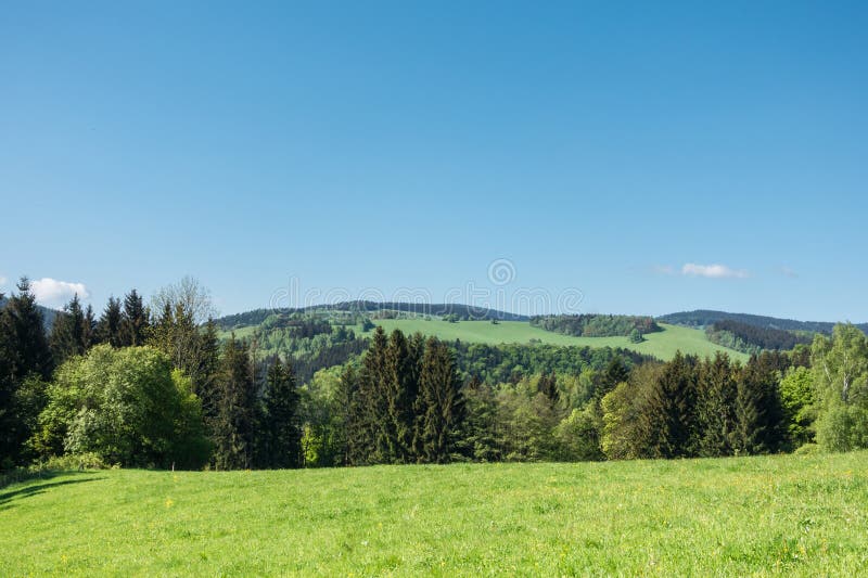 Spring Countryside with Pastures, Trees and Blue Sky Stock Photo ...