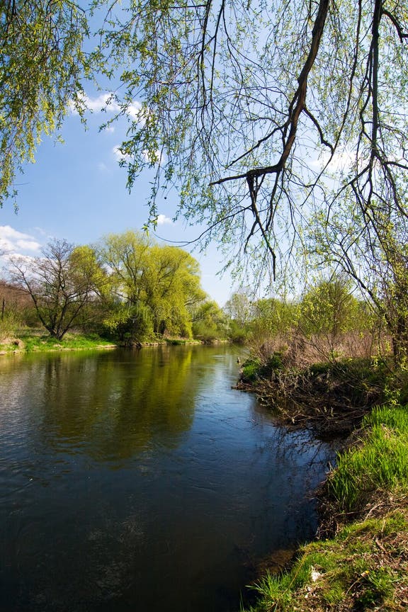 Spring Countryside with River Stock Photo - Image of quiet, countryside ...