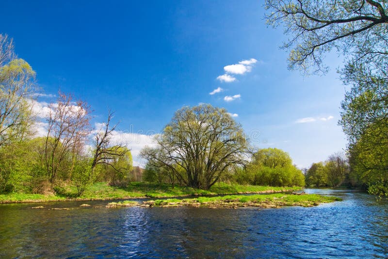 Spring Countryside with River Stock Photo - Image of colorful ...