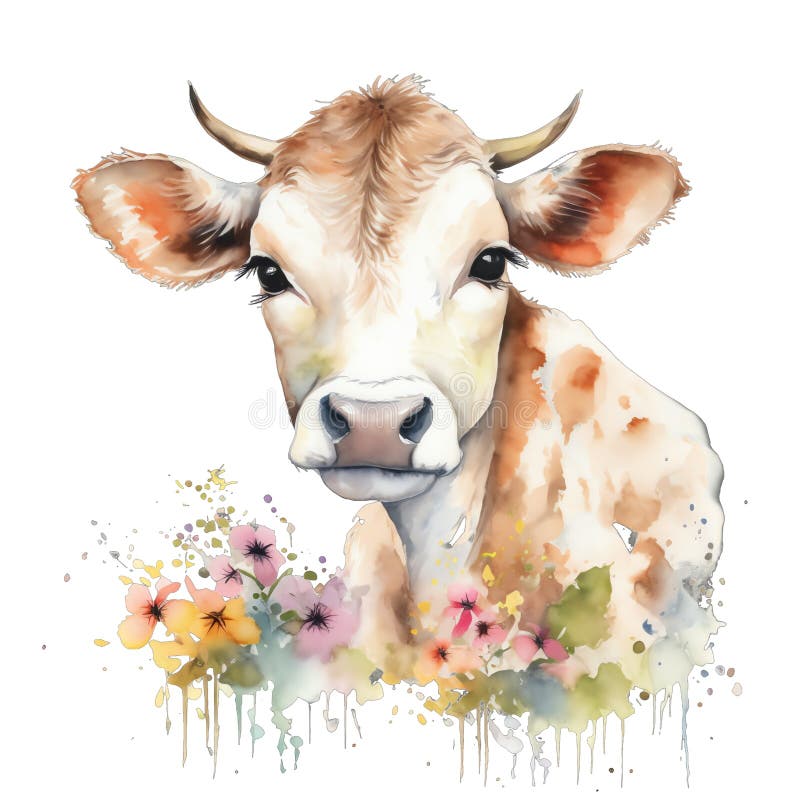 Spring Cow Watercolor Illustration, Spring Clipart Stock Illustration ...