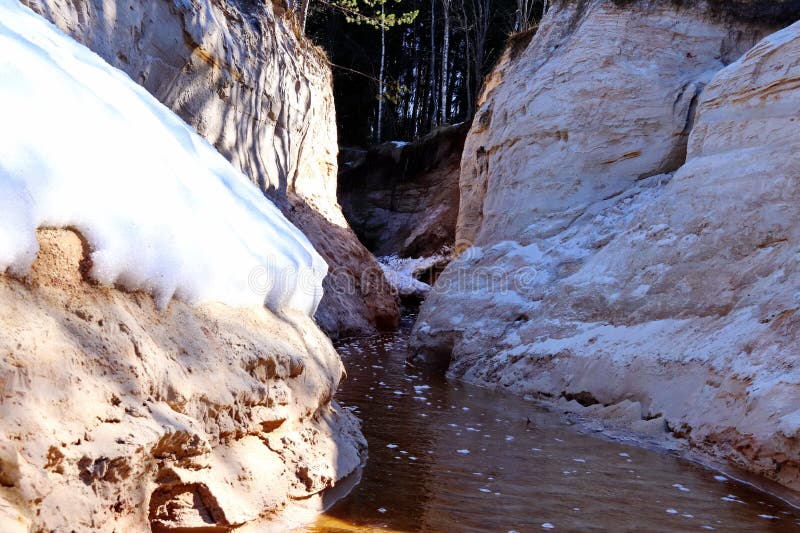 Spring Creek between Two Steep Sandy Banks with Snow Stock Image ...