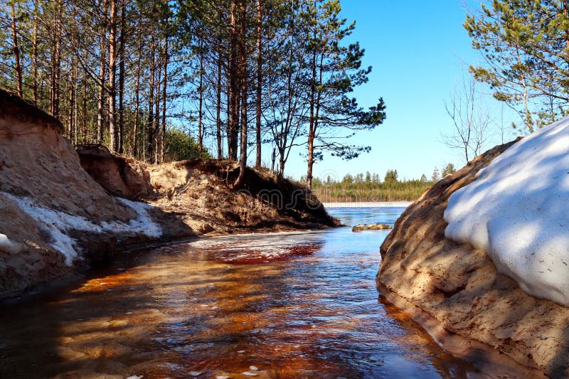 Spring Creek between Two Steep Sandy Banks with Snow Stock Photo ...